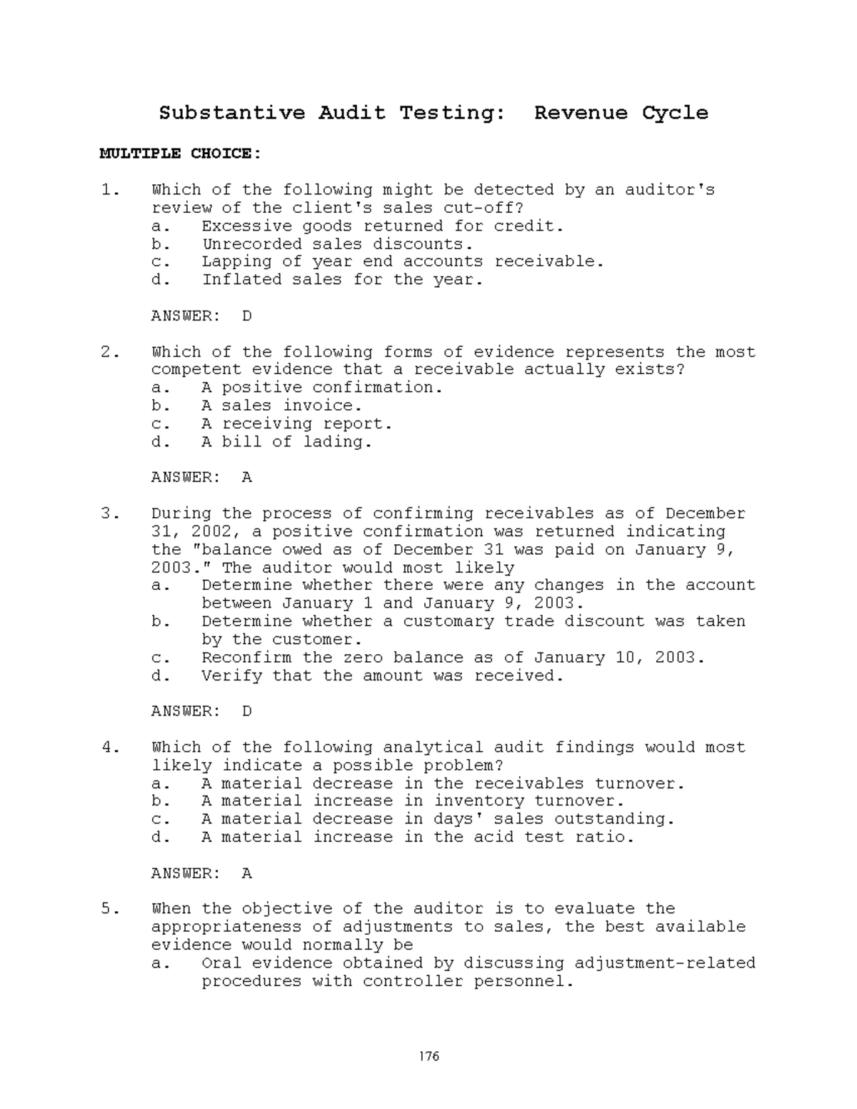 AACA Revenue Cycle - 176 Substantive Audit Testing: Revenue Cycle ...