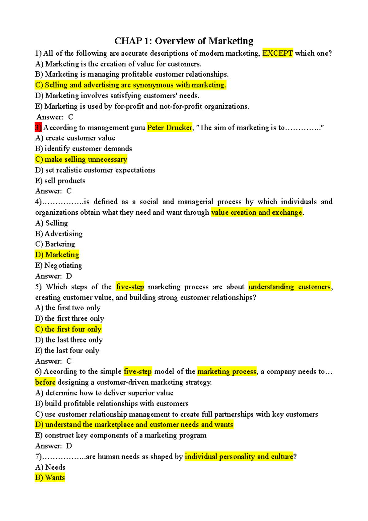 CHAP-1 - Marketing Overview: Multiple Choice Questions and Answers ...