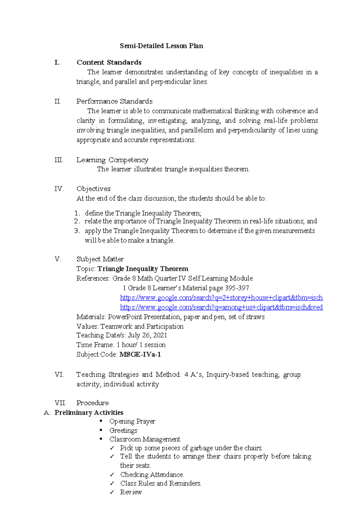 Co triangle inequality theorem - Semi-Detailed Lesson Plan I. Content ...
