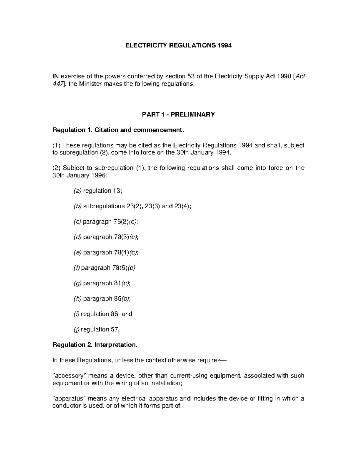 Electricity Regulations 1994: Comprehensive Guidelines and Standards ...