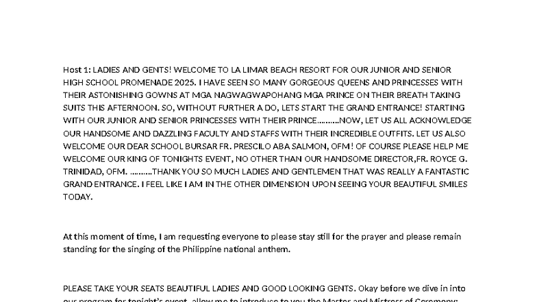 Junior & Senior High School Promenade 2025 Script - Studocu