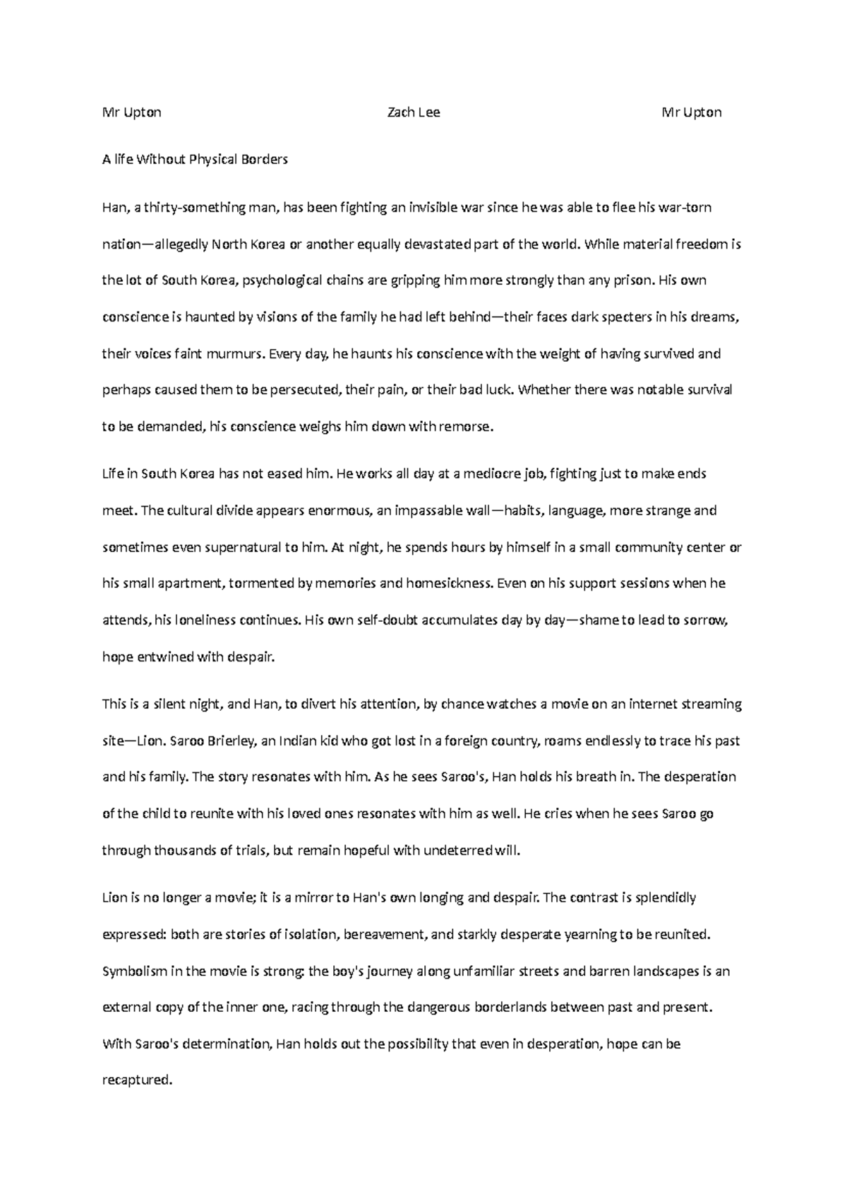 A Life Without Physical Borders: Mr Upton's Journey of Hope - Studocu