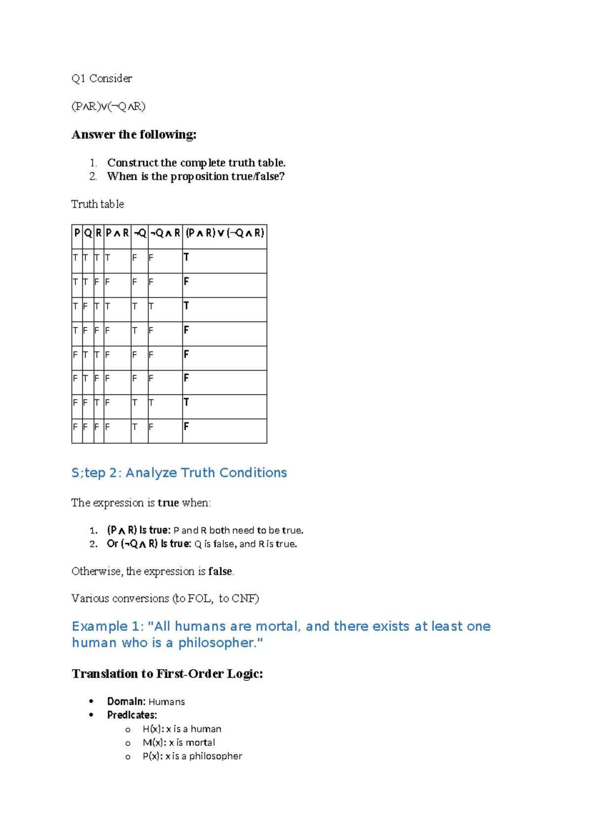 Practice Q1: Truth Table Construction and Logic Analysis - Studocu