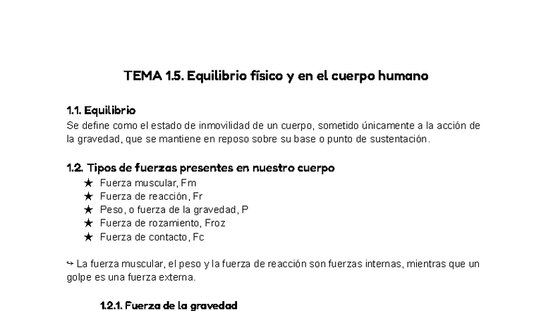 Tema 1.5: Equilibrio Físico y Control Postural en el Cuerpo Humano - Studocu