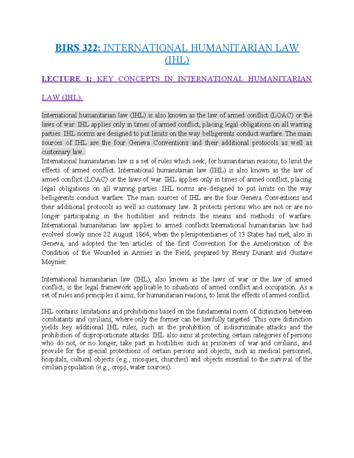 BIRS 322: Comprehensive IHL Lecture Notes and Key Principles - Studocu