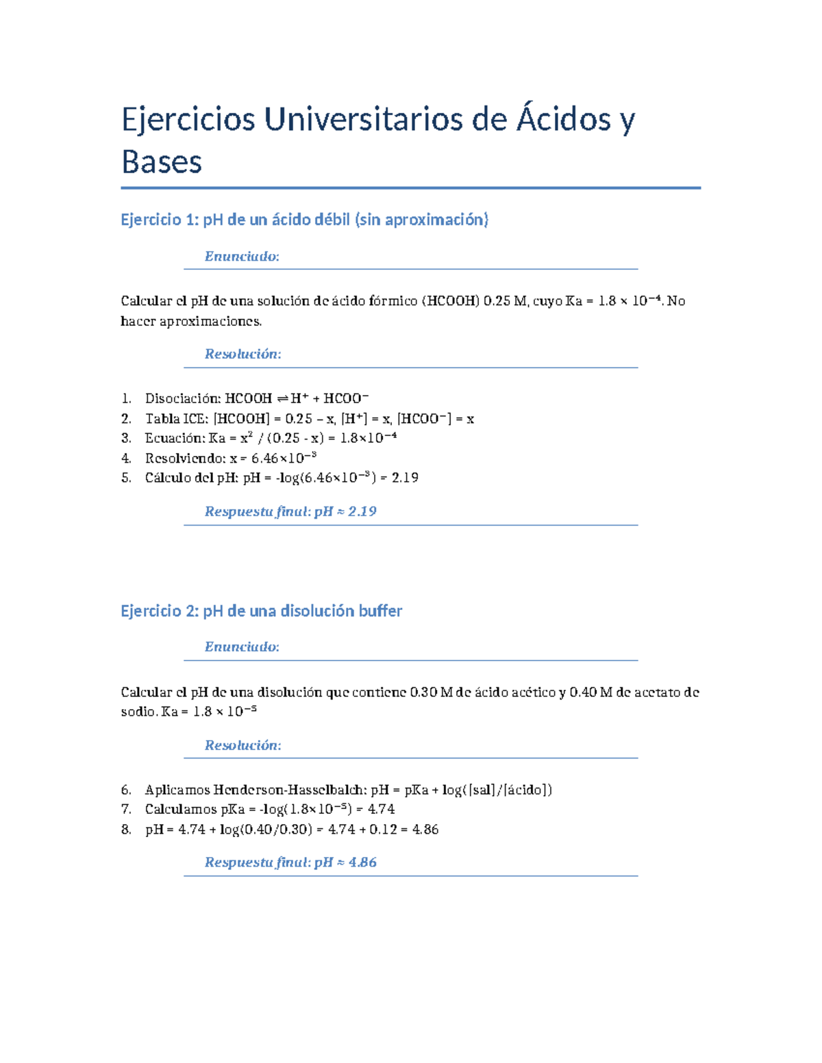Ejercicios Universitarios de Ácidos y Bases: pH y Soluciones Buffer - Studocu
