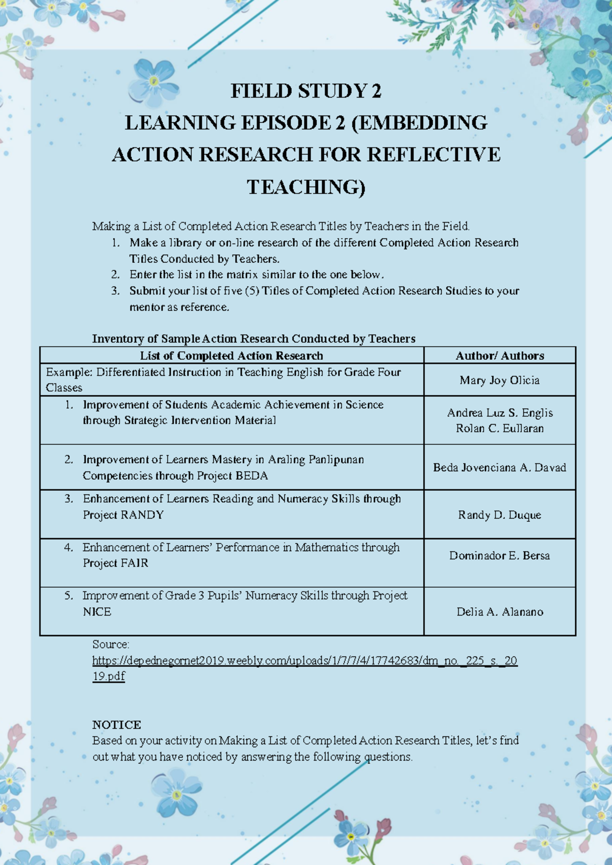 Field Study 2: Action Research Titles for Reflective Teaching - Studocu