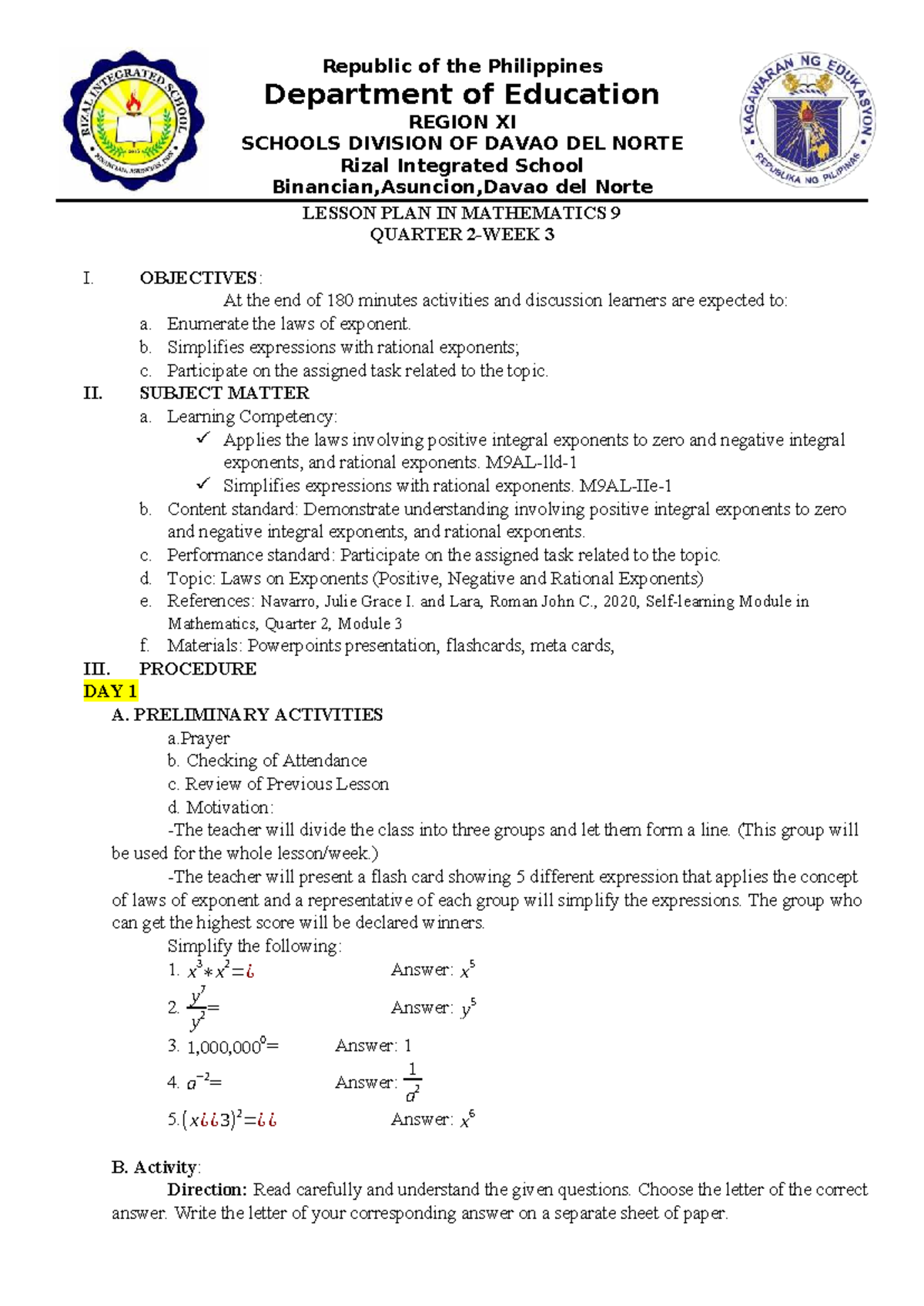Mathematics 9 Lesson Plan: Laws of Exponents (Quarter 3) - Studocu