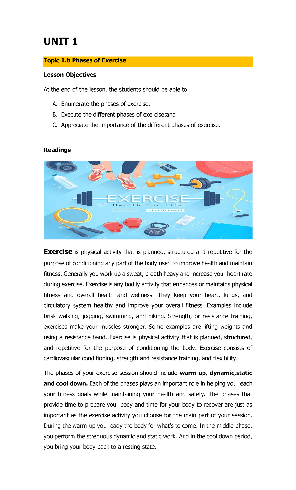 Lesson 2 physical education BSCE-1A - UNIT 1 Topic 1 Phases of Exercise ...