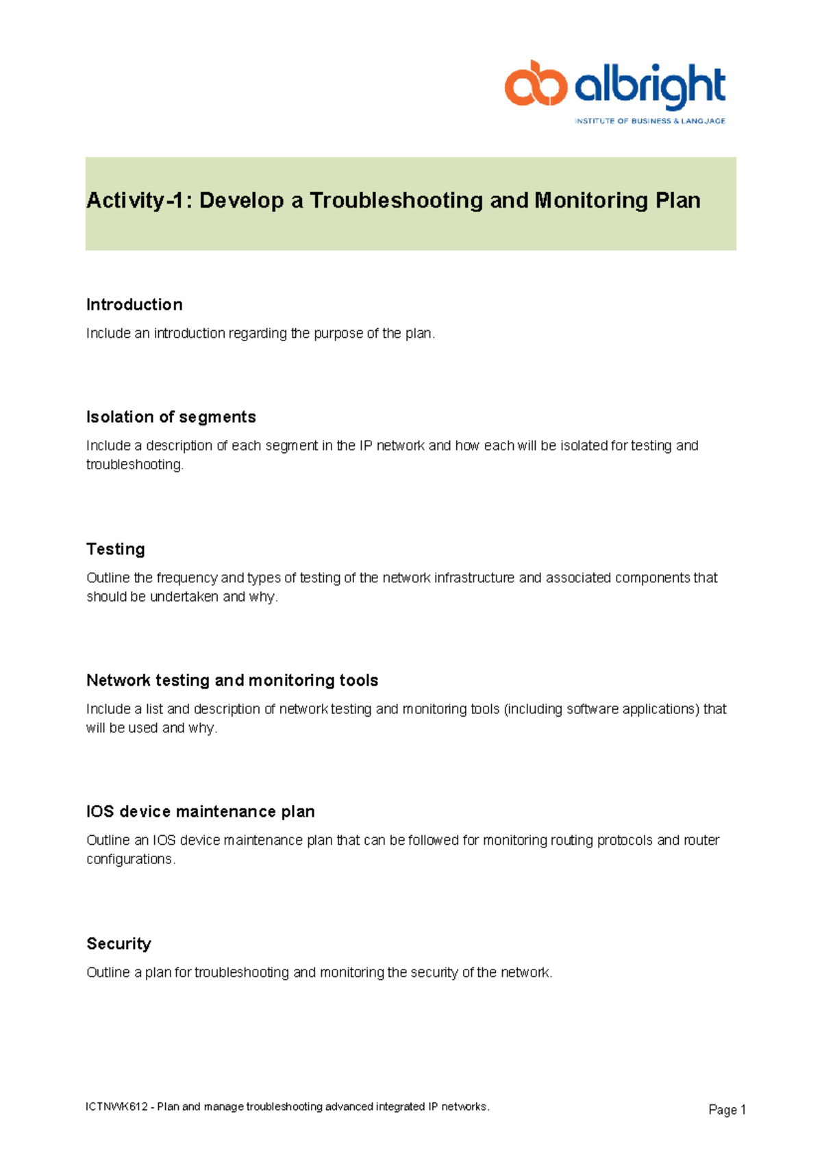 ICTNWK612 - Troubleshooting & Monitoring Plan Template Overview - Studocu