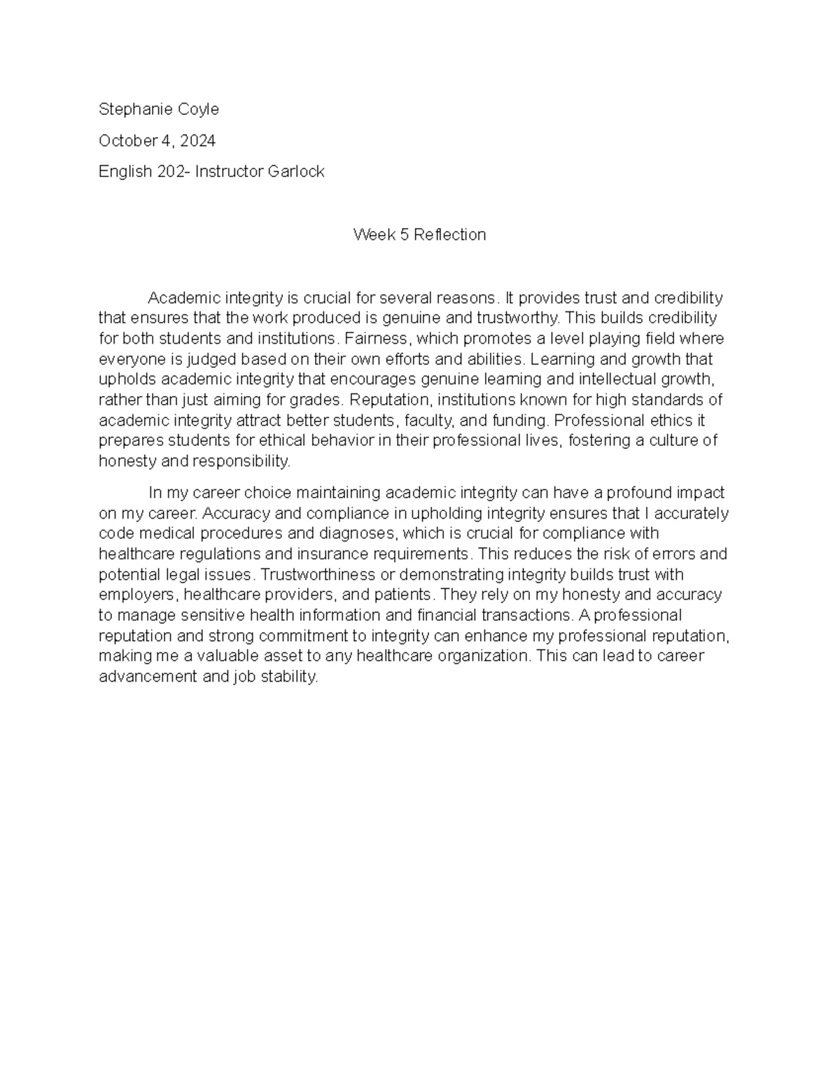 Week 5 Reflection on Plagiarism and Academic Integrity - Studocu