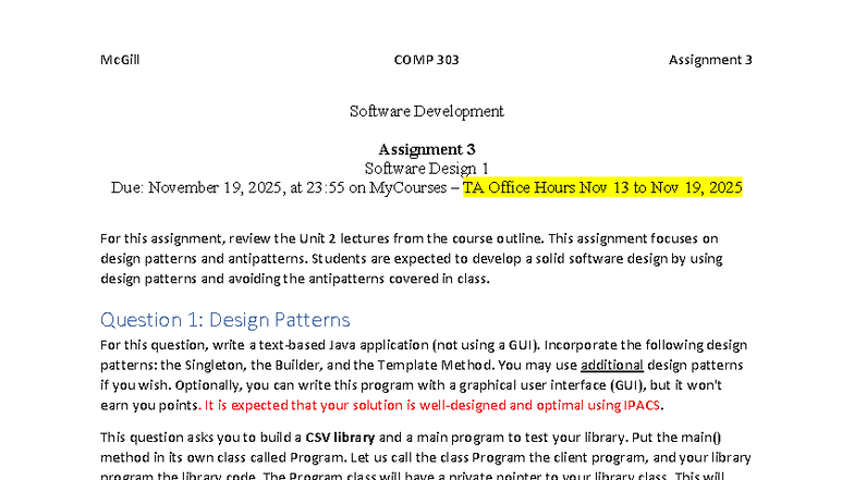McGill COMP 303 Assignment 3: Software Design Patterns & Antipatterns ...