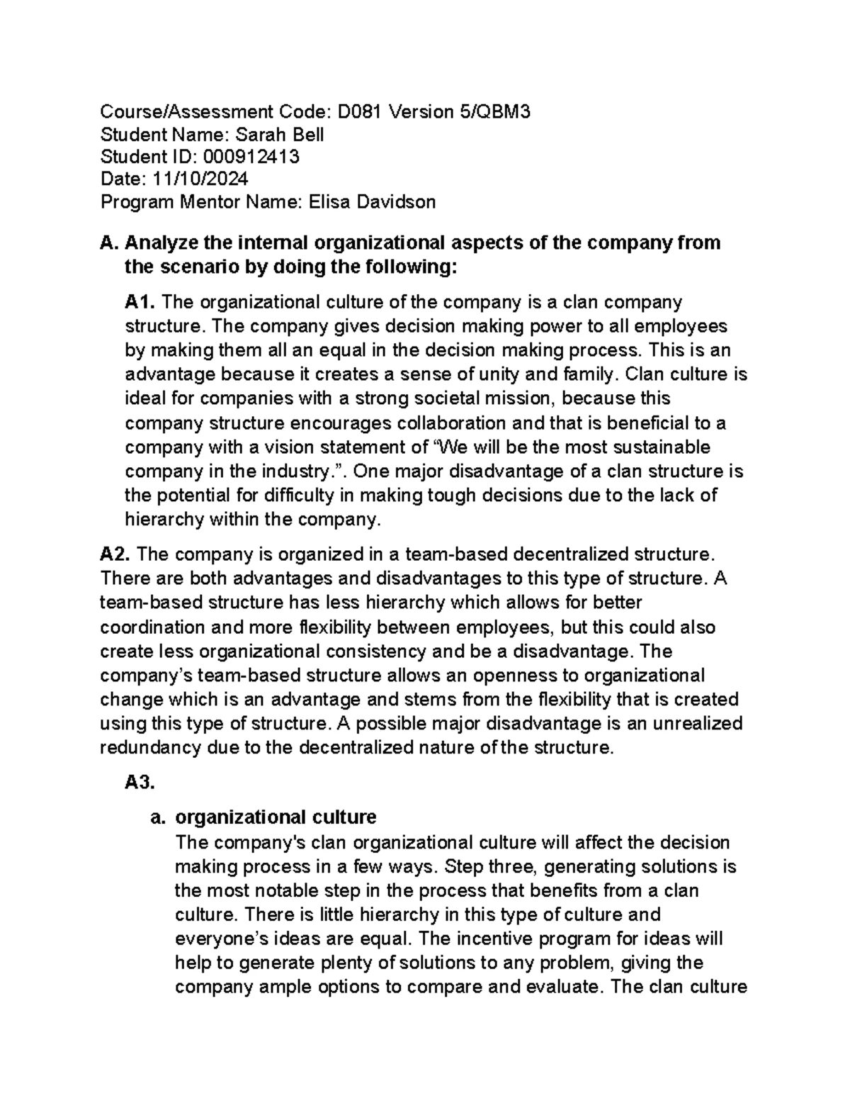 D081 V5-QBM3 Task 1: Analyzing Organizational Culture & Structure - Studocu