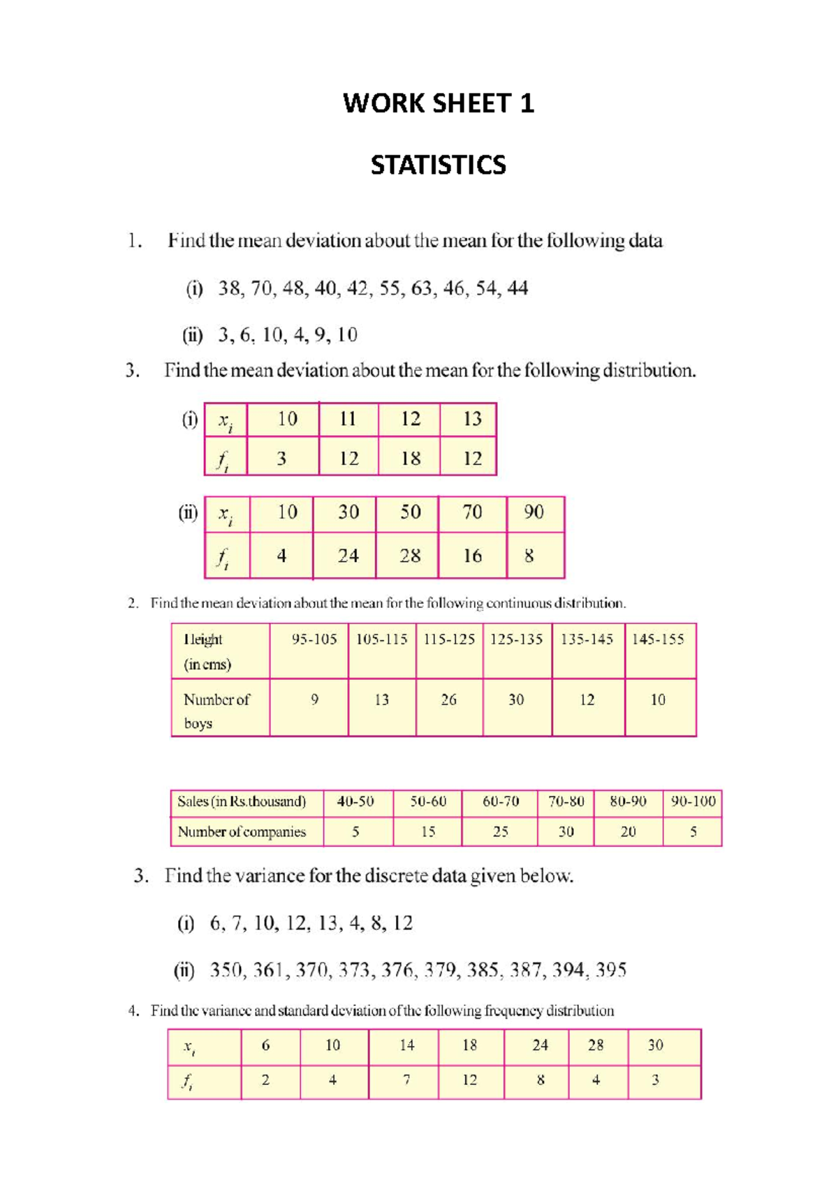 WORK Sheet 1( Statistics) - MathsPhyChem - WORK SHEET 1 STATISTICS ...