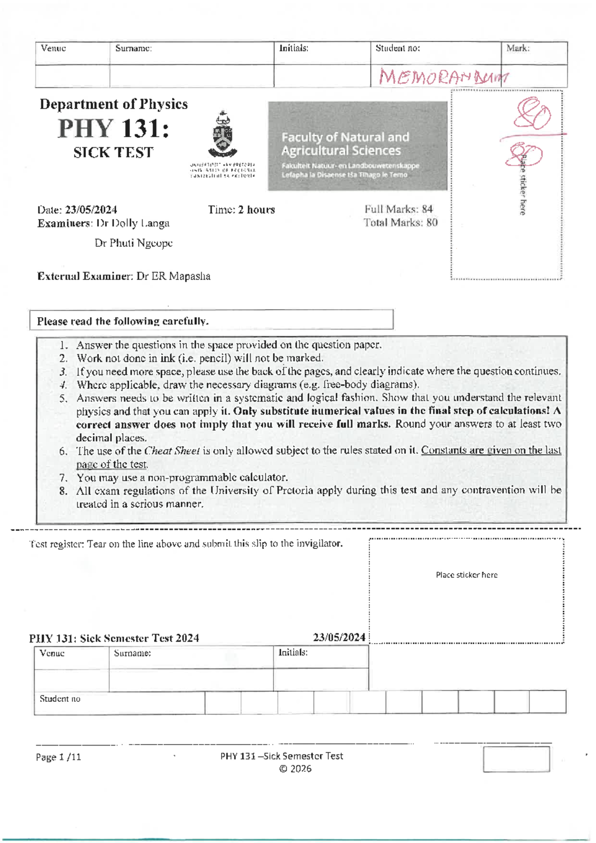 PHY 131: Sick Semester Test Memo 2026 - Studocu