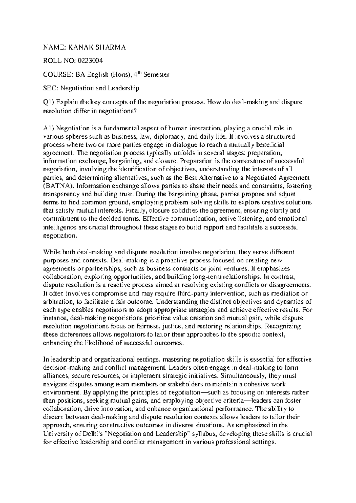 Negotiation & Leadership Notes - BA English (Hons) 4th Sem - Studocu