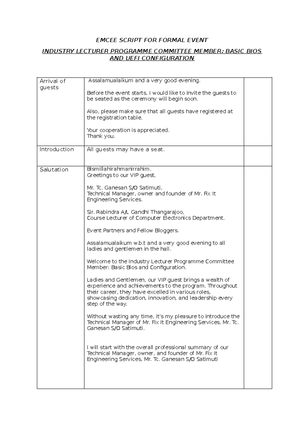 Industry Lecturer Programme Emcee Script for Formal Event - Studocu