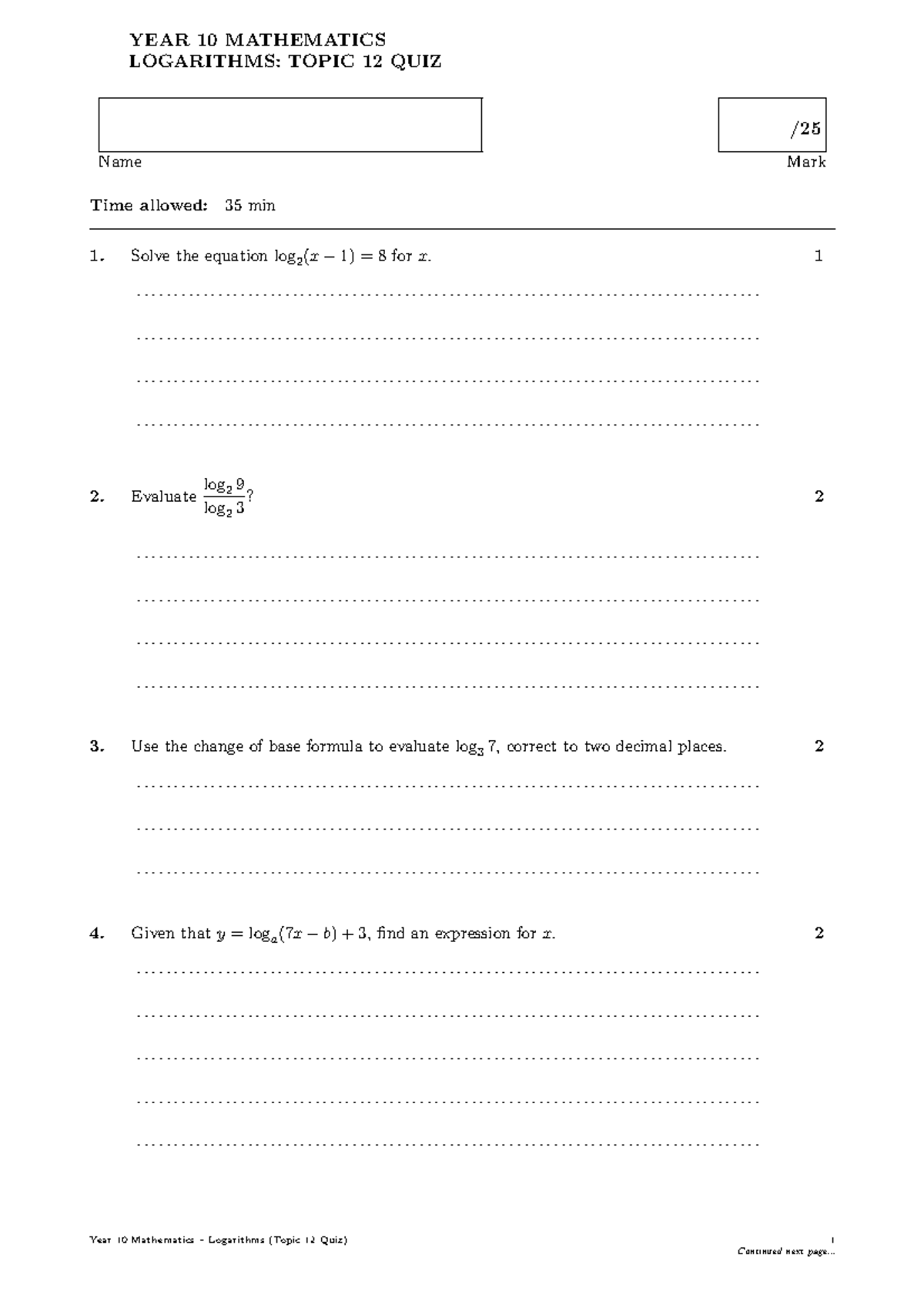 YEAR 10 MATHEMATICS LOGARITHMS: TOPIC 12 QUIZ EXAM - Studocu