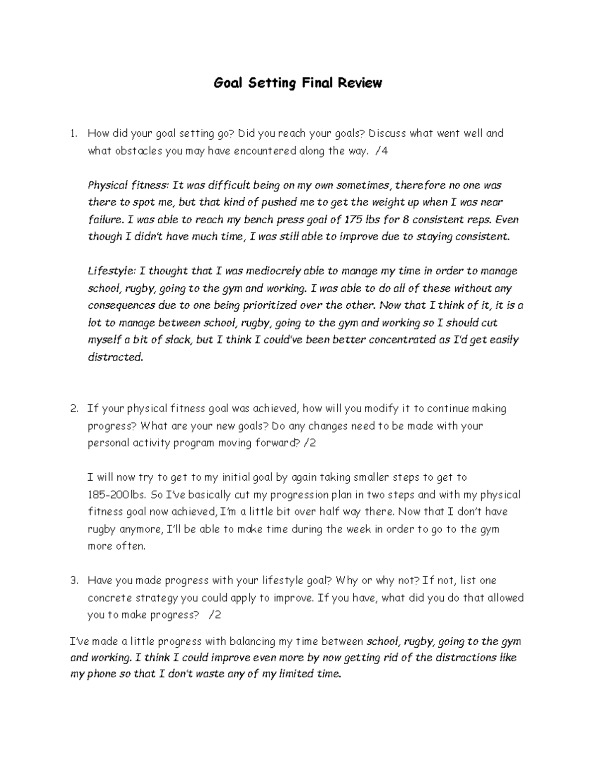 F23 103 Goal Setting Final Review: Achievements & Future Plans - Studocu