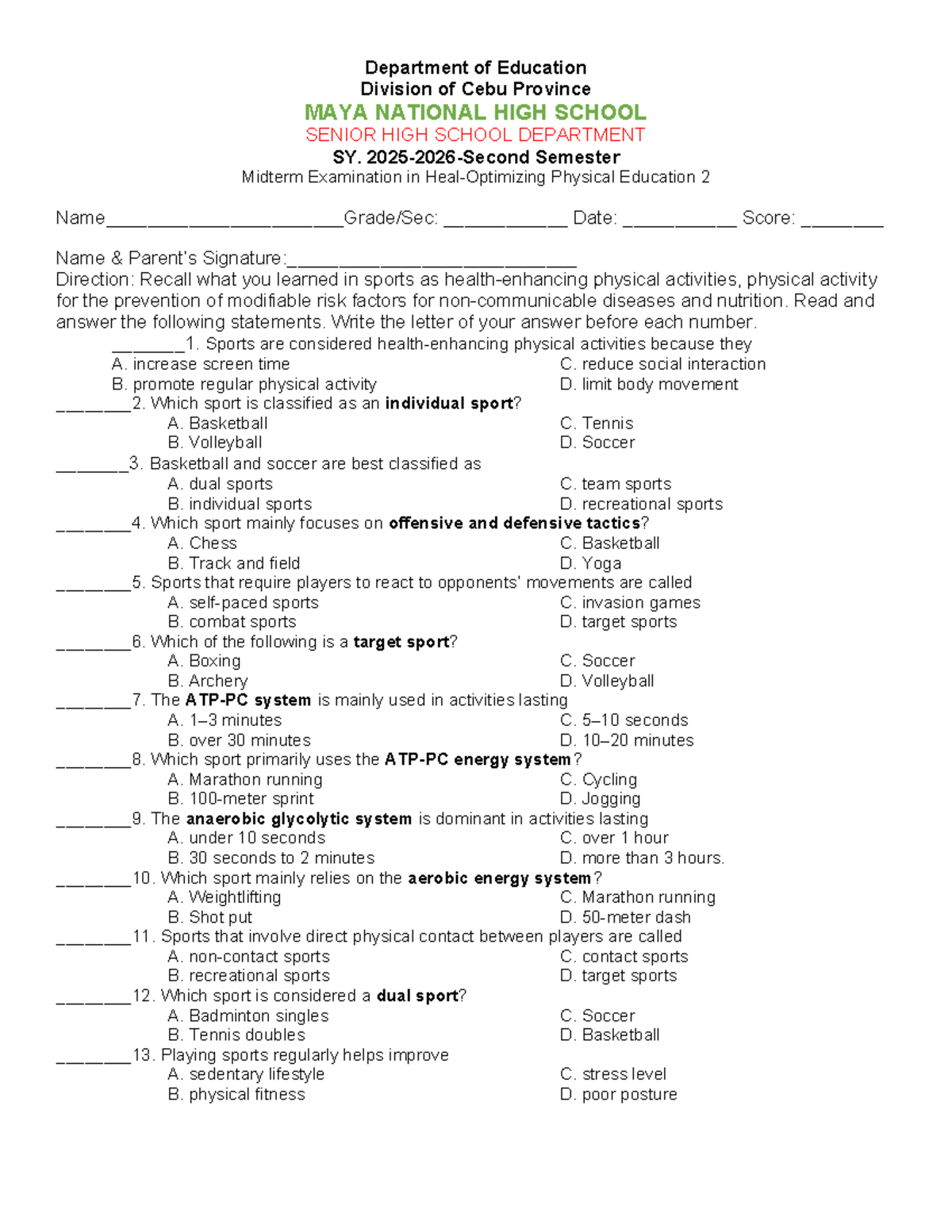 PE2 Semester Midterm Exam Review: Sports, Health & Nutrition - Studocu