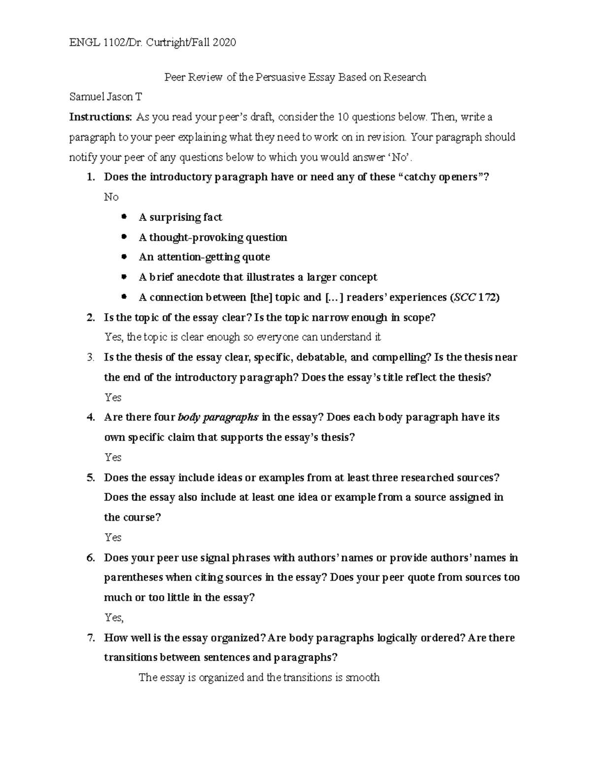 Peer Review - English - ENGL 1102/Dr. Curtright/Fall 2020 Peer Review ...