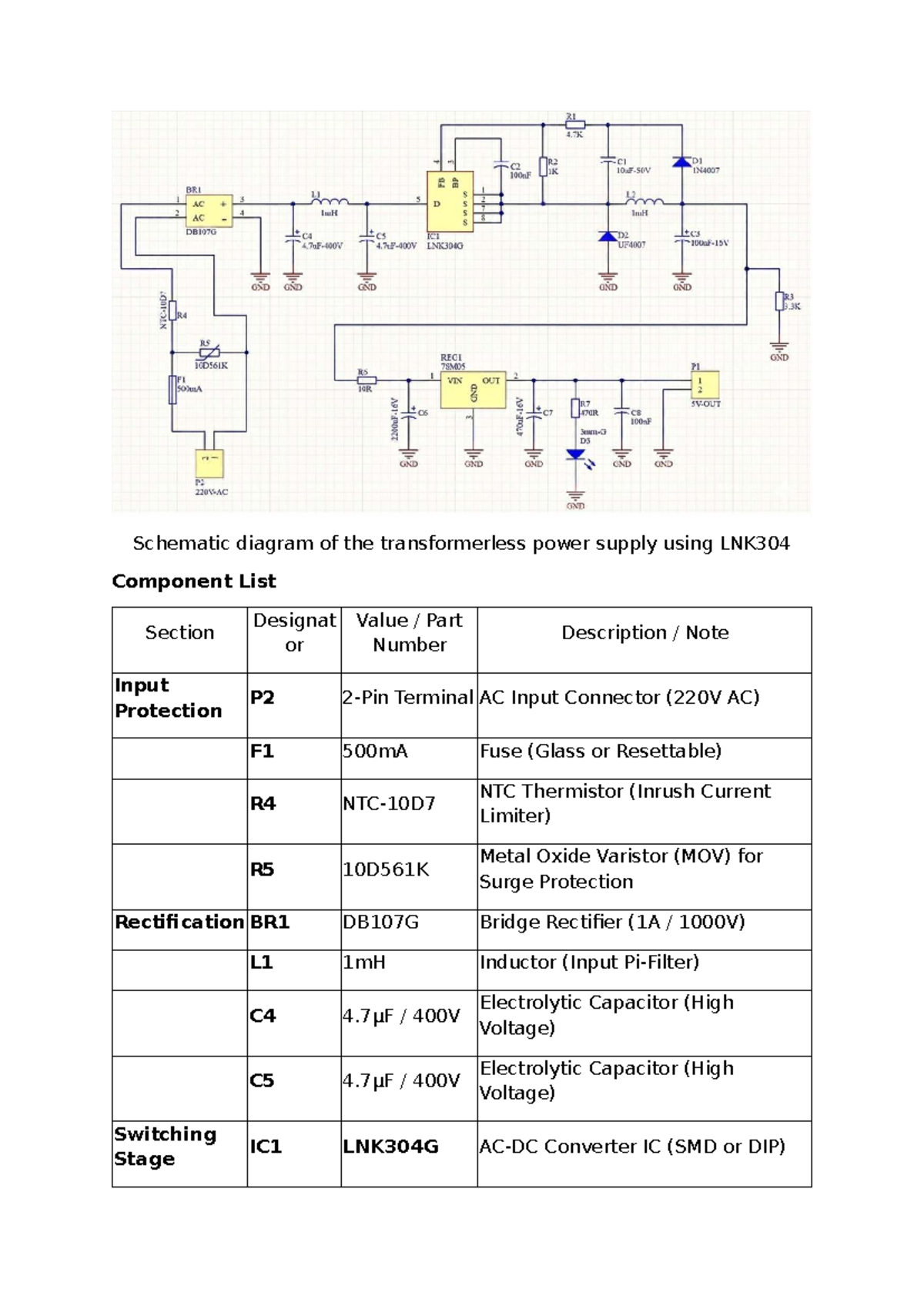 Transformerless Power Supply Design Using LNK304 - Component List - Studocu