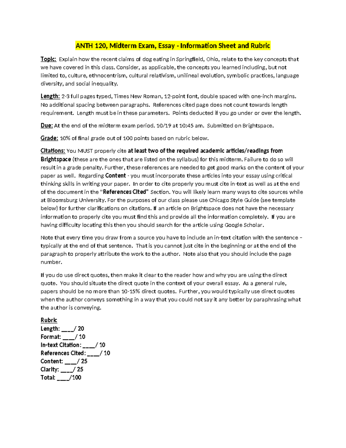 ANTH 120 Midterm Exam: Essay Guidelines on Cultural Perspectives - Studocu