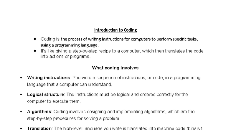 Introduction to Coding: Basics and Languages Overview - Studocu