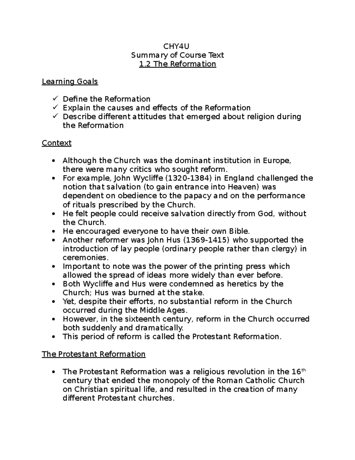 CHY4U: Reformation Overview and Key Developments Notes - Studocu