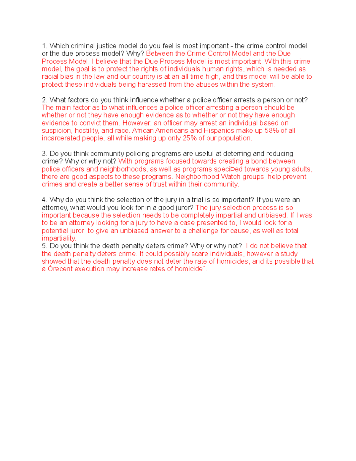 Unit 7 Critical Thinking Questions on Criminal Justice Models - Studocu