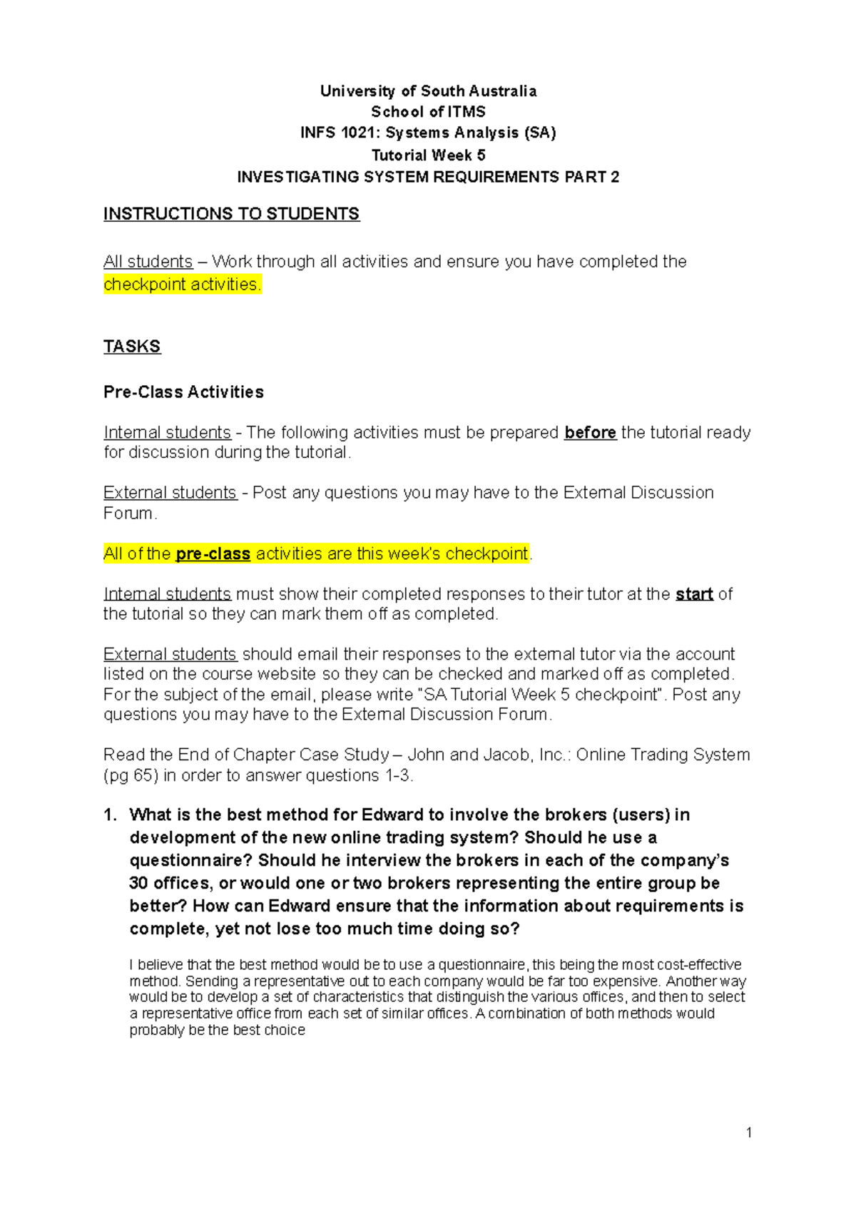 SA Tutorial Week 05 - Investigating System Requirements Part 2 ...
