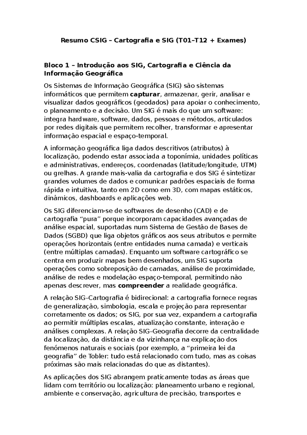 Resumo CSIG: Introdução aos Sistemas de Informação Geográfica - Studocu