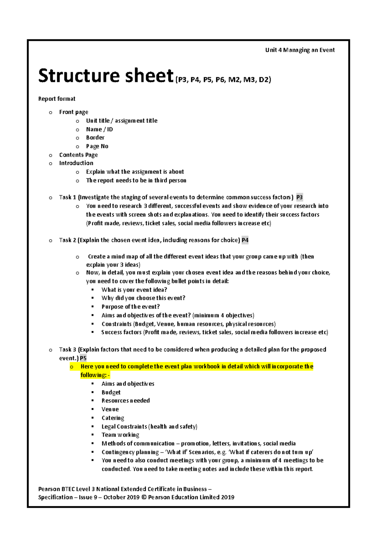 Unit 4 Managing an Event: Comprehensive Report (P3, P4, P5, P6, M2, M3 ...