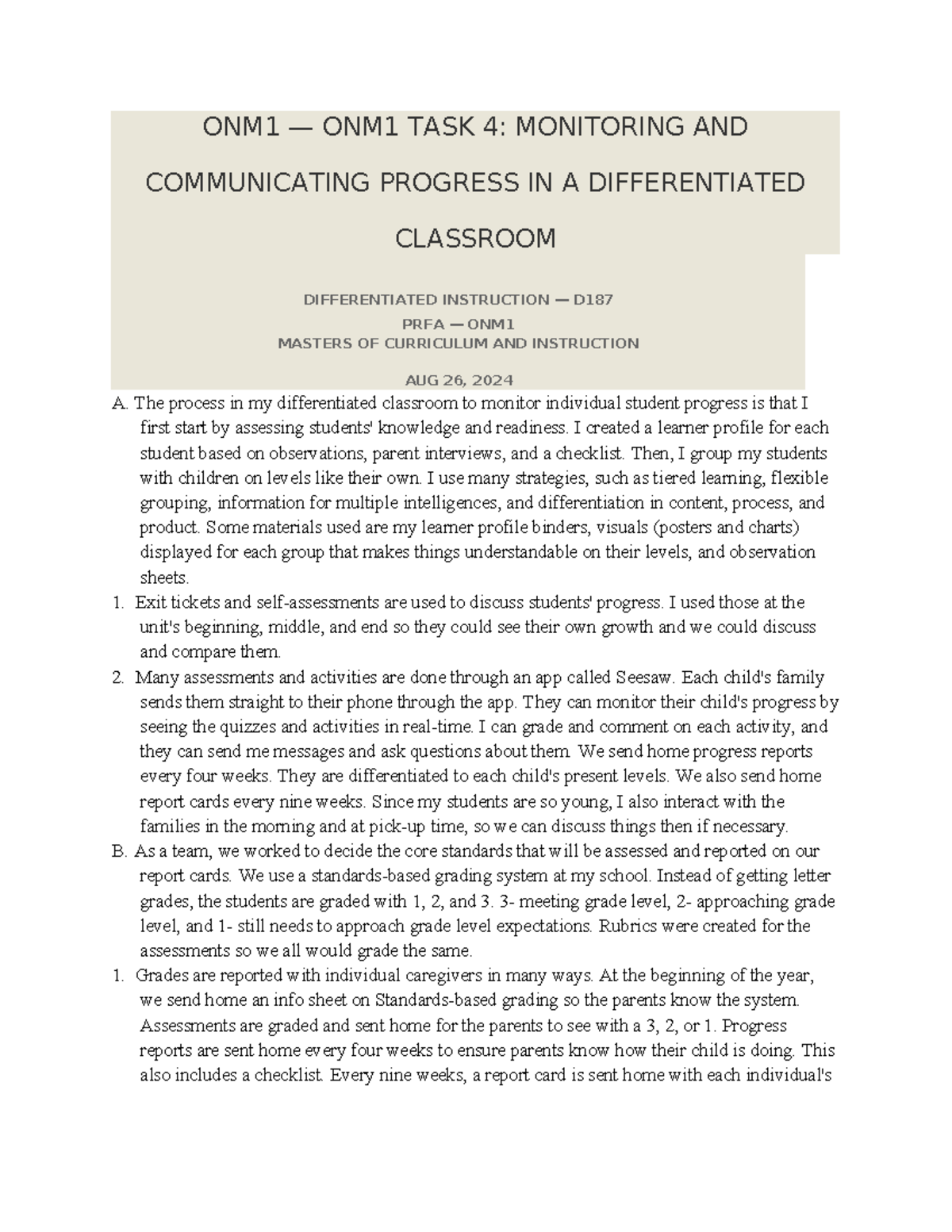 D187 Onm1 Task 4 Monitoring And Communicating Progress In