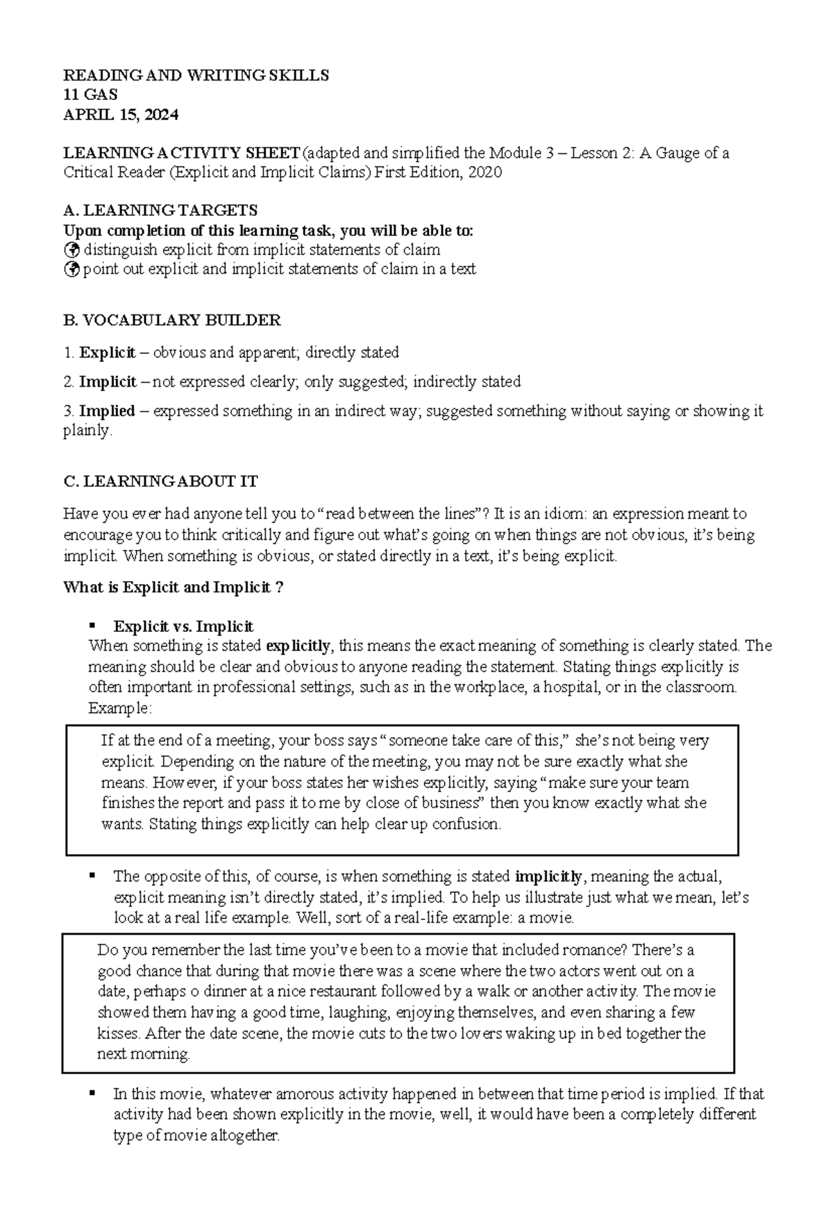 Reading and Writing Skills: Implicit vs. Explicit Claims (11 GAS) - Studocu