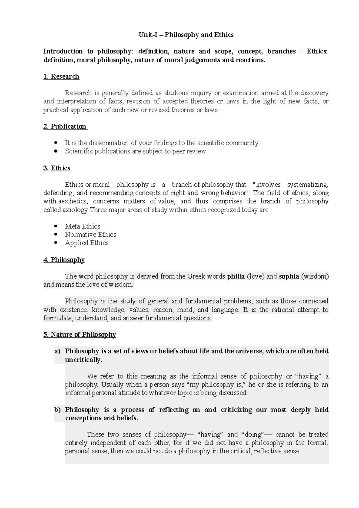 Unit-1: Notes on Philosophy and Ethics Concepts & Scope - Studocu