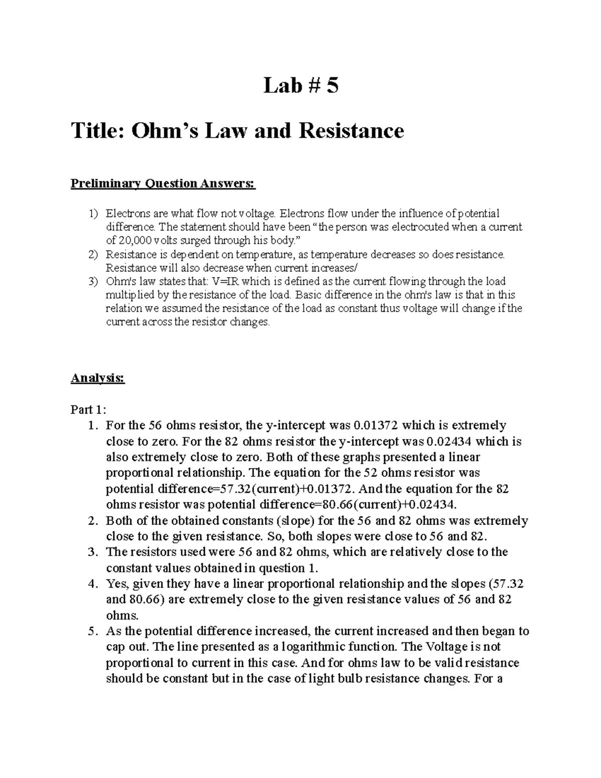 Physics Lab 5: Ohm's Law and Resistance Analysis & Findings - Studocu