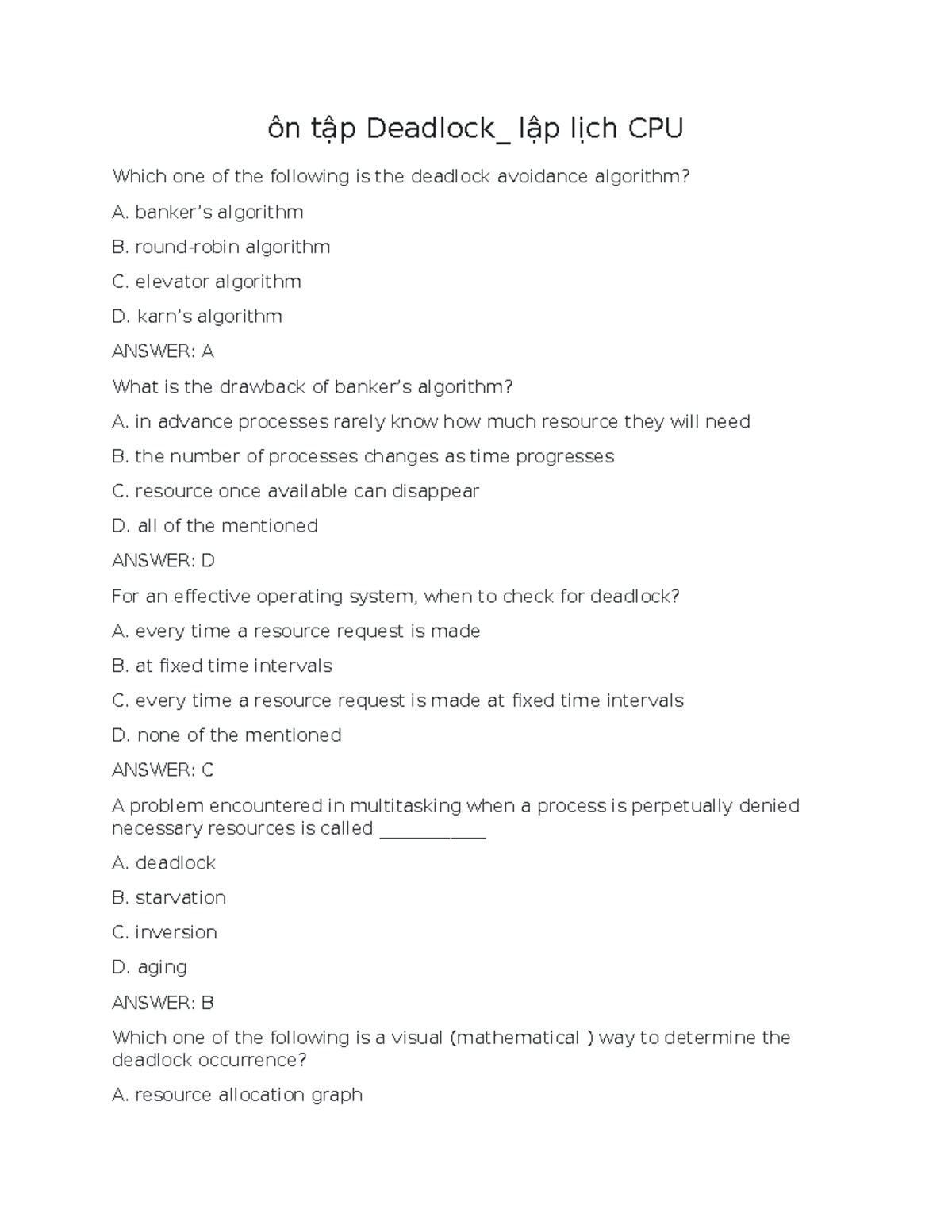 Deadlock lập lịch CPU - ôn tập Deadlock_ lập lịch CPU Which one of the ...