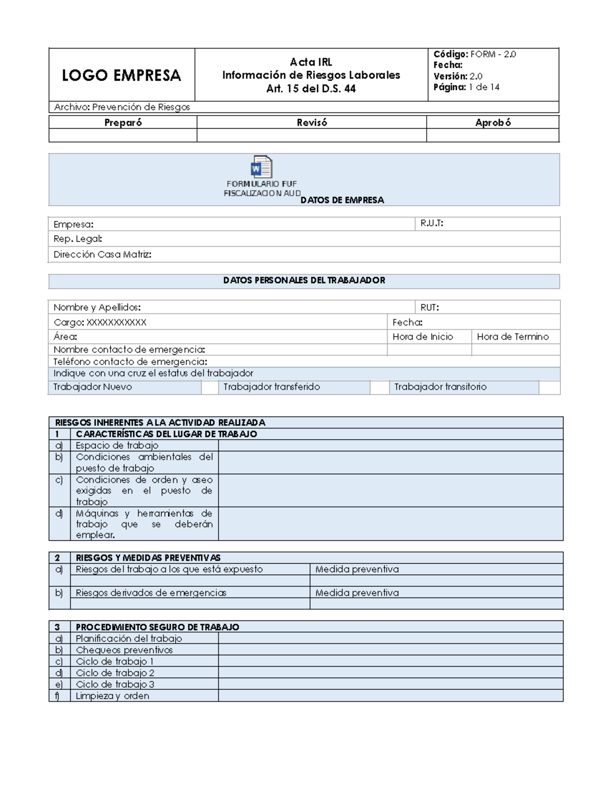 Acta IRL de Información de Riesgos Laborales - Código FORM 2.0 - Studocu