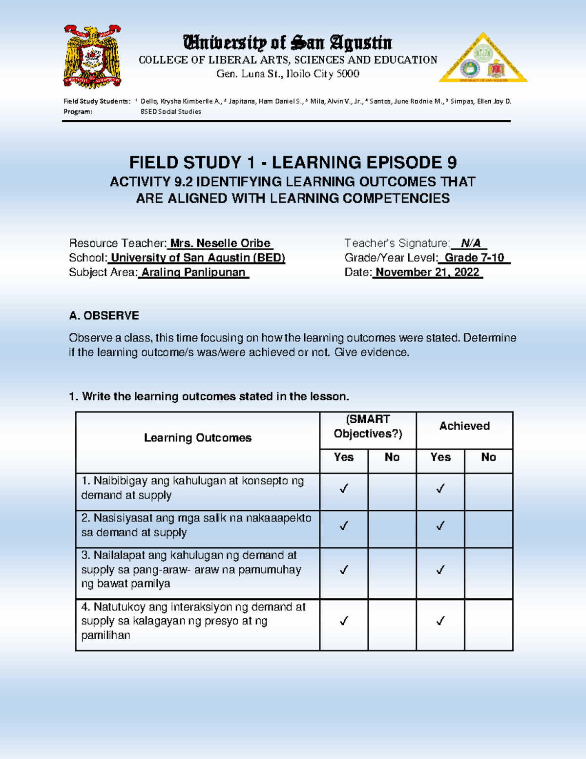 FS 1 - Activity 9: Identifying Learning Outcomes in Araling Panlipunan ...