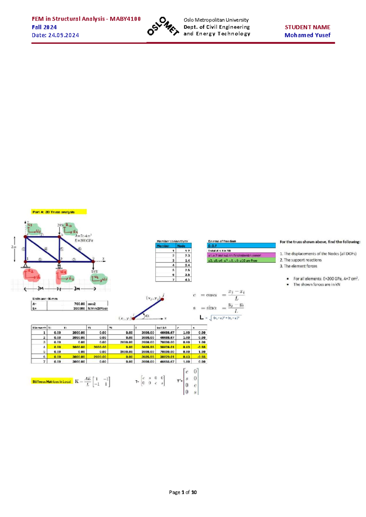 FEM in Structural Analysis MA4100 Assignment 4 - Fall 2024 - Studocu