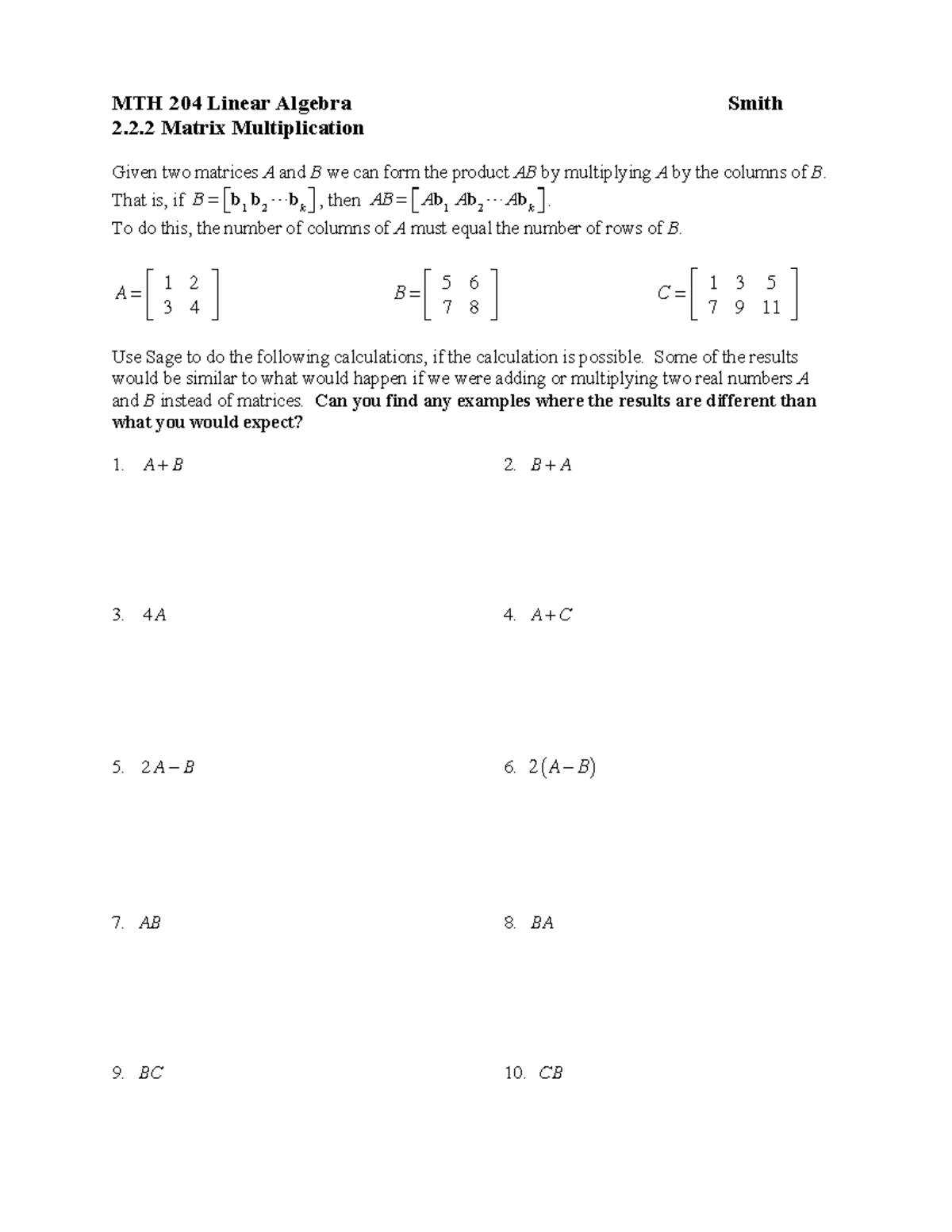 MTH 204 Final Exam Notes: Matrix Multiplication & Operations - Studocu
