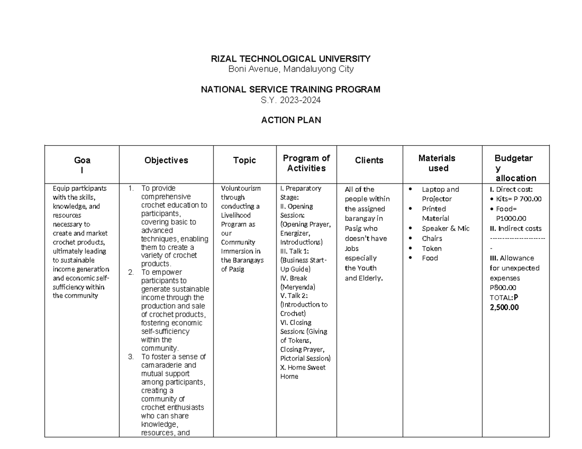 Action Plan for Community Immersion in NSTP 2: Crochet Project Proposal ...