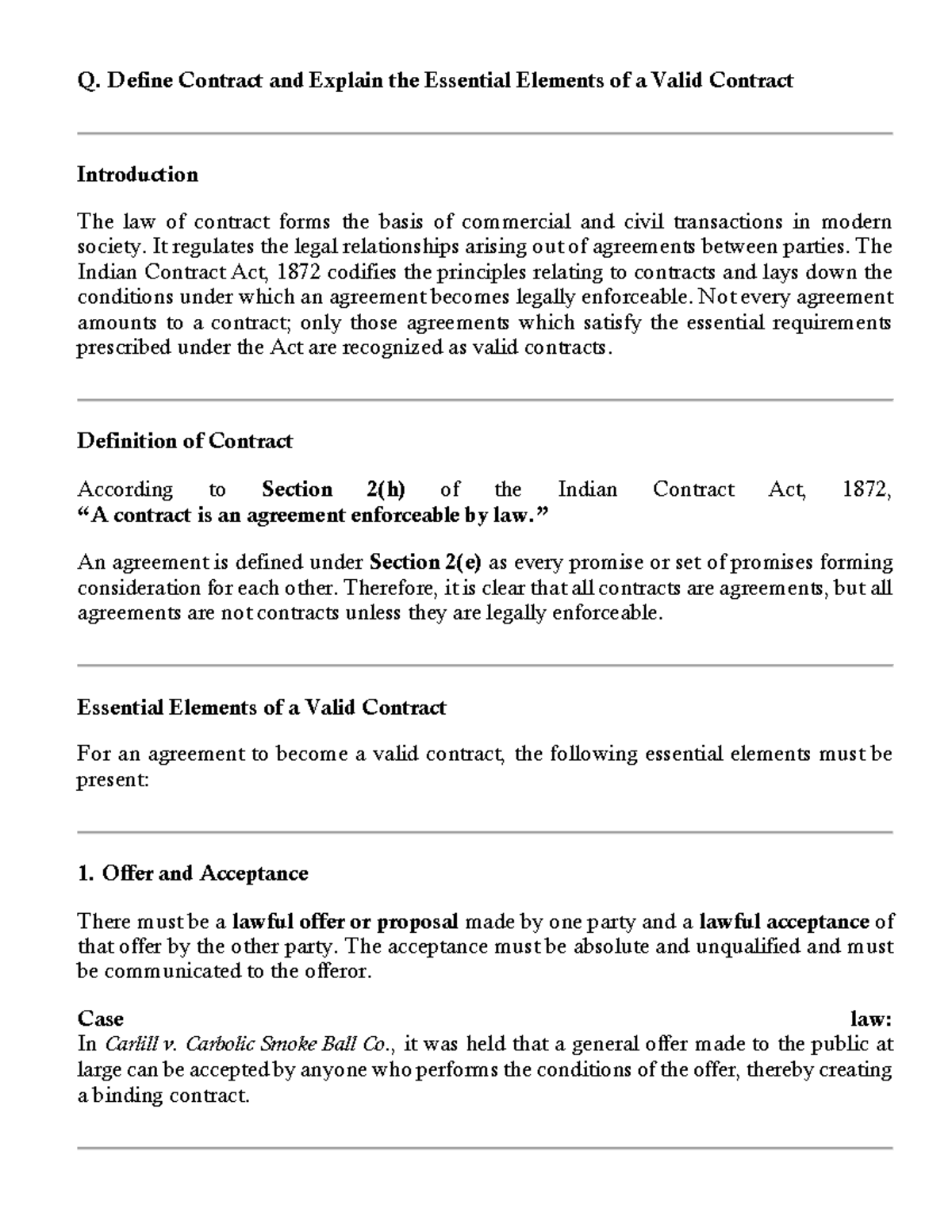 Contract Law: Essential Elements, Free Consent, and Vitiating Factors ...
