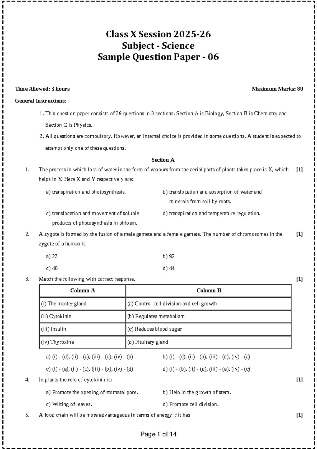 Sample Question Paper for Class X Science - 3 Hours, Max Marks 80 - Studocu
