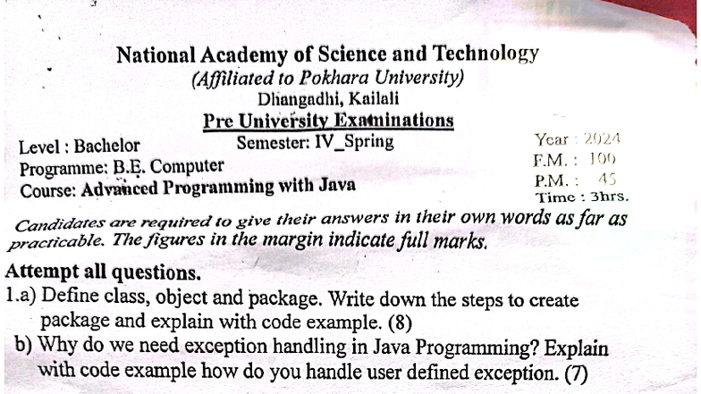 NAST B.E. Computer IV Sem Exam: Advanced Programming with Java - Studocu