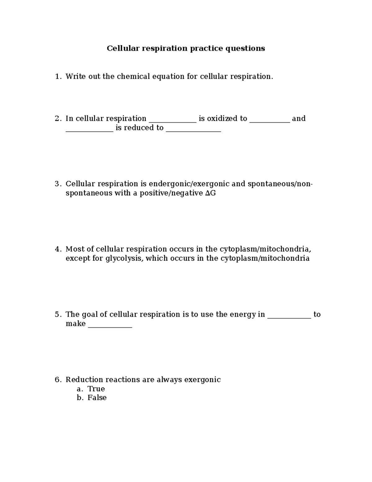 Practice Problems for Biology: Cellular Respiration (BIO101) - Studocu