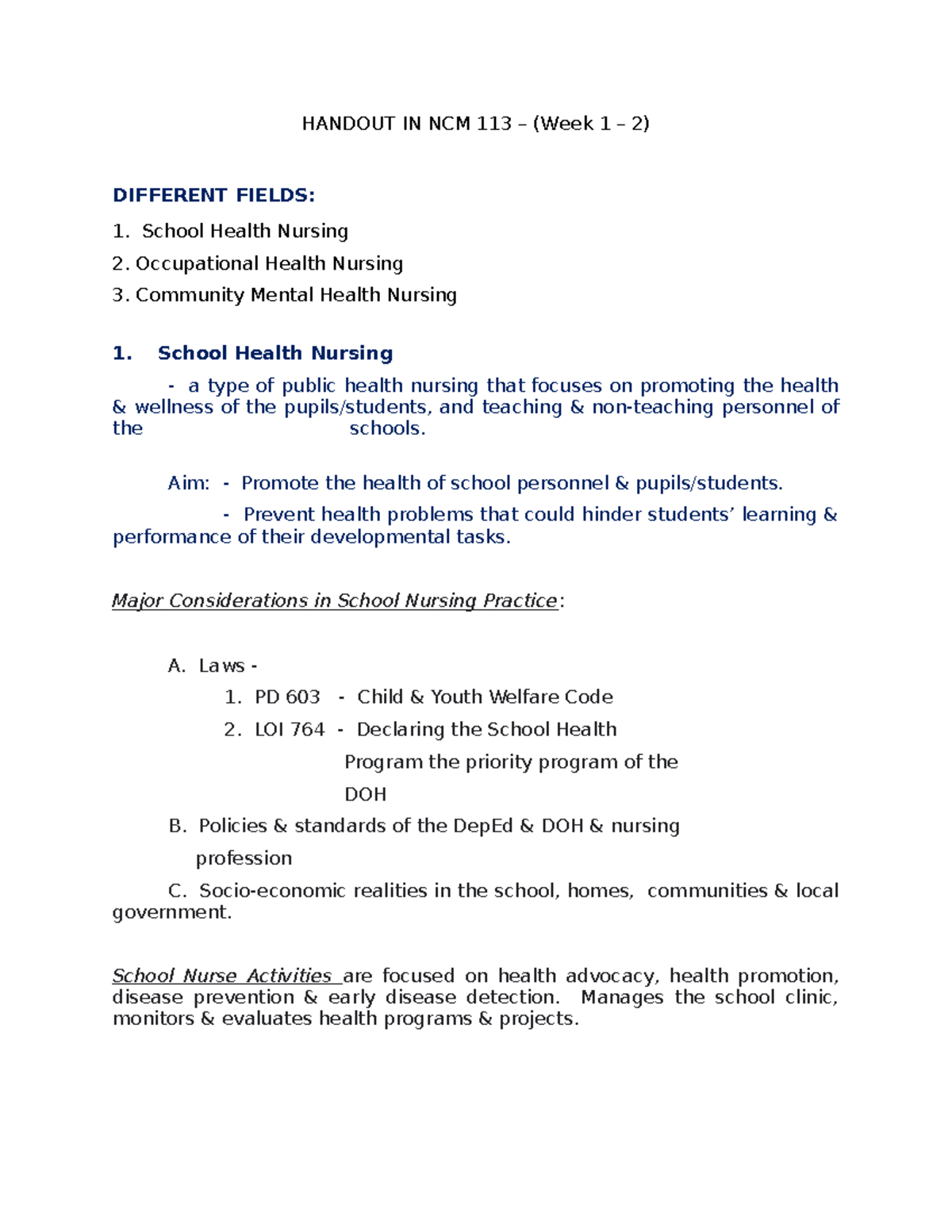NCM 113 Handout: Overview of School Health Nursing (Week 1-2) - Studocu