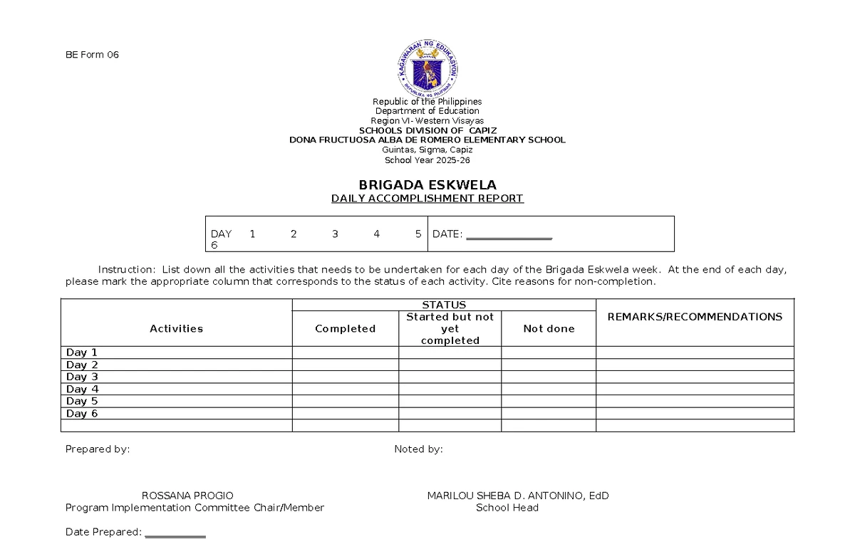 BE Form 04: Daily Attendance of Volunteers for Brigada Eskwela 2025 ...