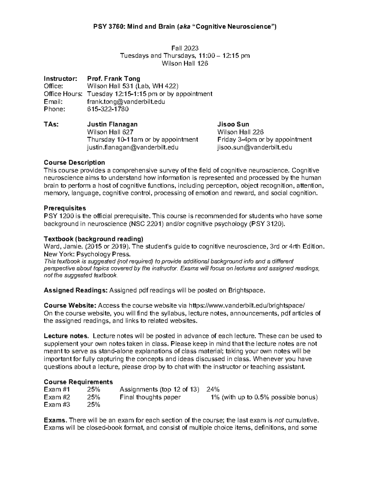 Fall 2023 PSY 3760: Mind and Brain Syllabus Overview - Studocu